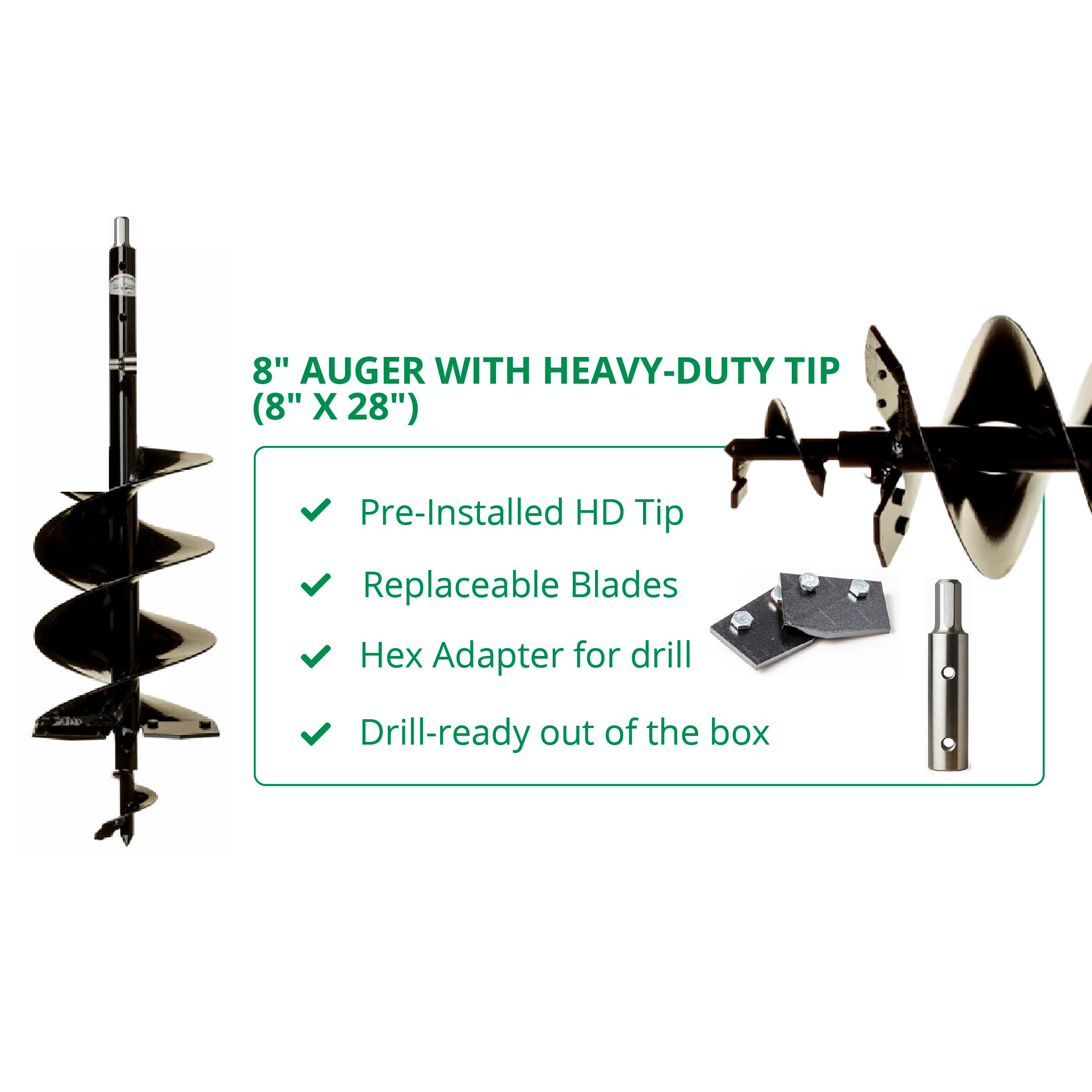 8 Inch Auger with Heavy-Duty Tip (8” x 28”) | Power Planter